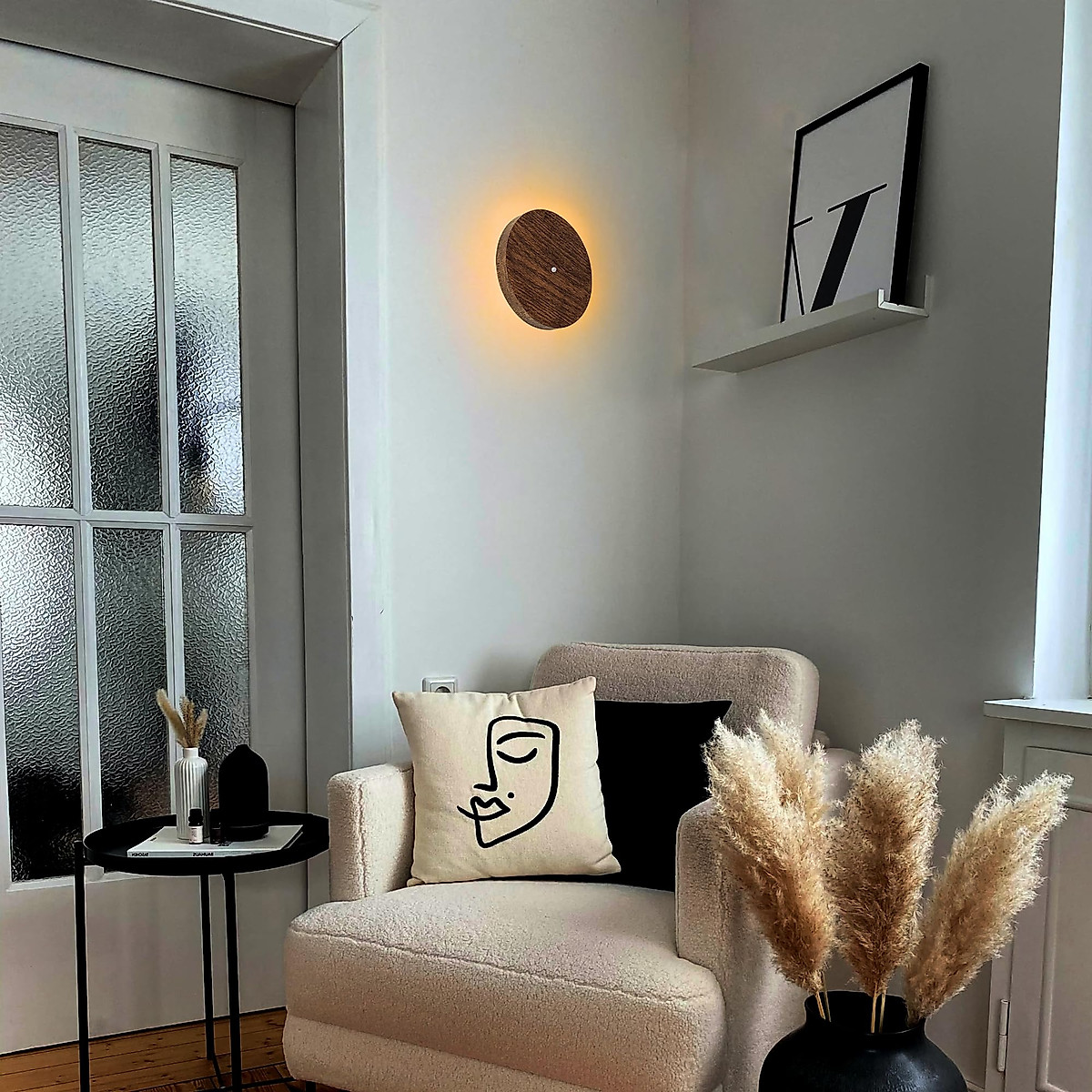 SKIVTGLAMP Nature Wood Wall Sconce Rechargeable Battery Operated LED PIP Motion IR Sensor Wall Lamp, No Drilling Cordless Farmhouse Wall Mounted for Rustic House Number Customizable Circular Walnut