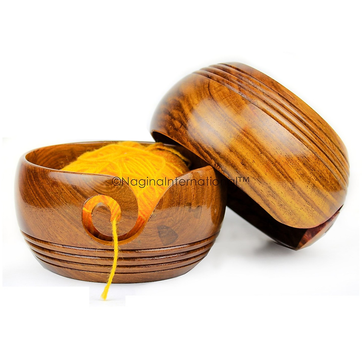 Solid Teak Wood Crafted Wooden Yarn Ball Storage Bowl with Spiral Yarn Dispenser & Decorative Rings | Knitting Crochet Accessories | Nagina International (Rosewood, Small)
