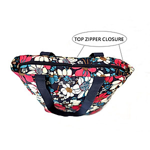 NC 4 Pack Foldable Kitchen Reusable Grocery Bags Floral Designs with Zipper Folding Shopping Tote Bags Lightweight Durable Large Bags 50LBS for Grocery