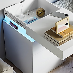 Furniwell LED Nightstand with Charging Station, End Table with 3 Drawers, Night Stand Bedside Table with Sliding Top for Bedroom and Living Room, White