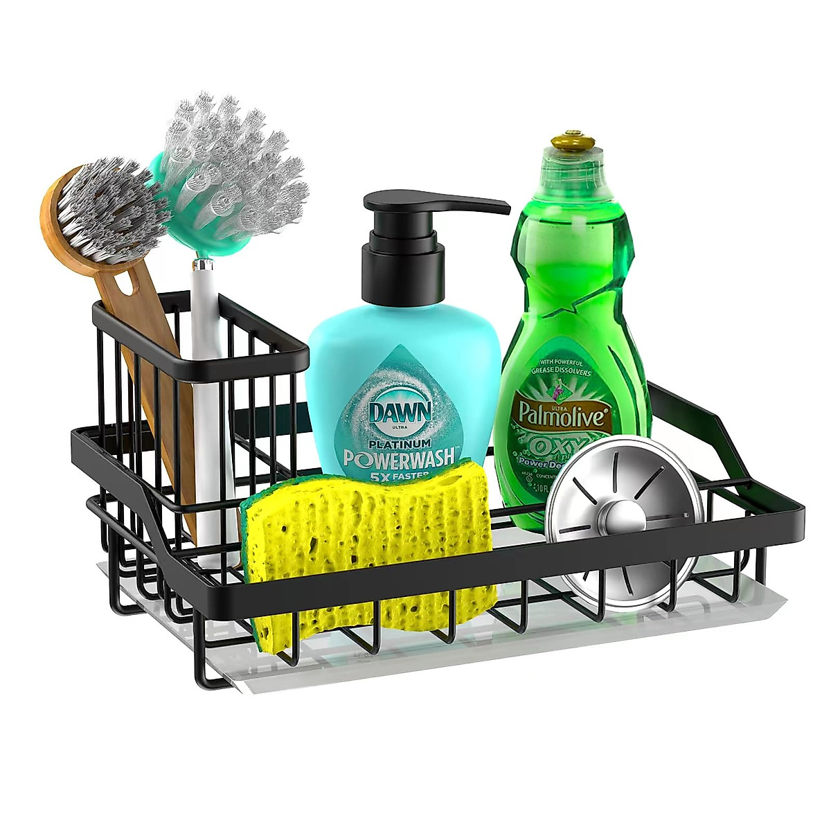 OHOBABY Sponge Holder for Kitchen Sink, Sink Caddy with Removable Drip Tray, Rustproof Stainless Steel Kitchen Sink Organizer with Dish Brush Holder for Countertop, Black (8.26'' X 5.51'' X 4.33'')
