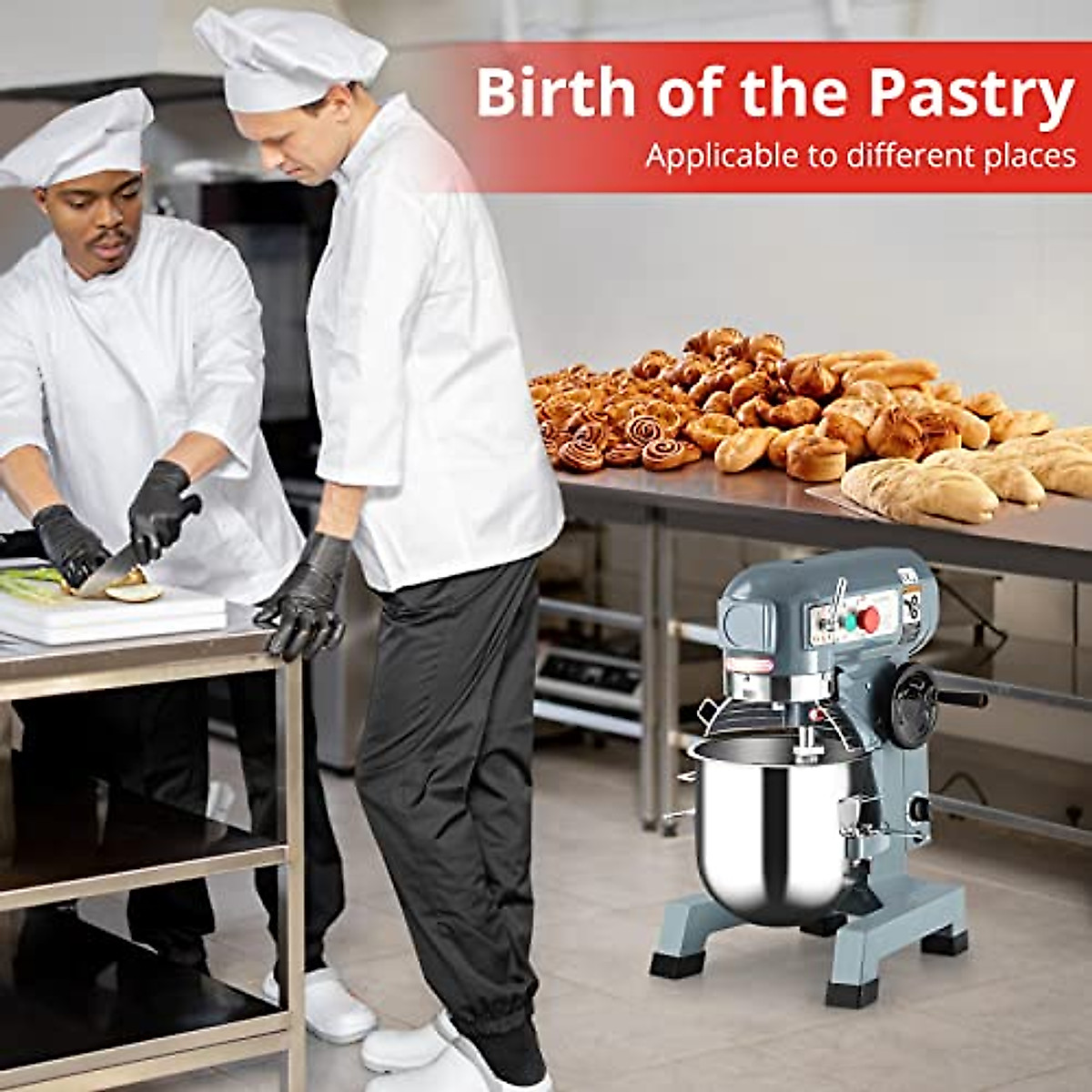 PioneerWorks Commercial Food Mixer,10Qt 3 Speed with Stainless Steel Bowl, Dough Hooks, Whisk Beater,Stand Mixer With Safety Guard 450W,110V for Restaurant, Bakeries,Commercial Kitchen