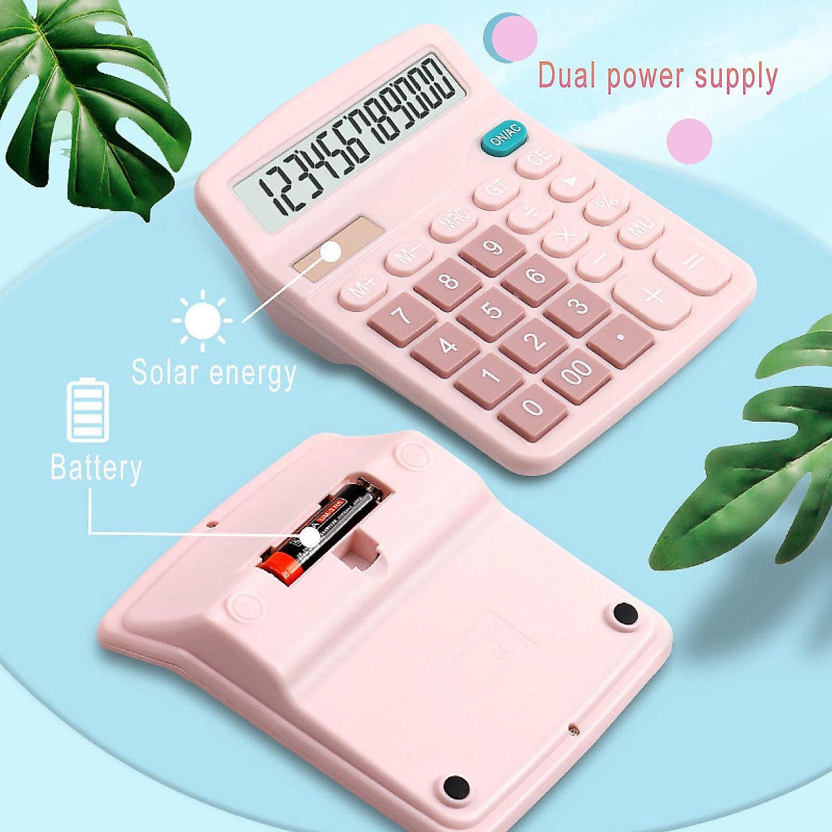 YOUHO Pink Office Desk Calculator, 12-bit Solar Battery Dual Power Standard Function Electronic Calculator with Large LCD Display (1PACK，Pink)