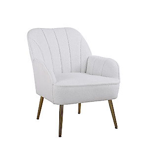 Goujxcy Teddy Barrel Chair Accent Armchair with Golden Legs for Living Room Bedroom Home Office, Tufted Back Club Chair (White3)