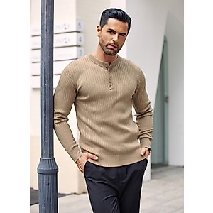 COOFANDY Men's Long Sleeve Knit Henley Shirts Casual Henley T-Shirts Lightweight Ribbed Sweater Khaki