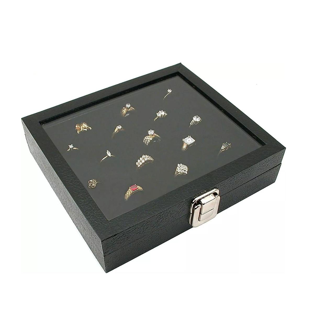 Novel Box Ring Display Glass Case Black 8.25x7.25x2 Inches with 36-Slot Black Ring Foam Insert - Travel Ring Case with Metal Clasp - Jewelry Box to Keep Rings Dust Free & Secure