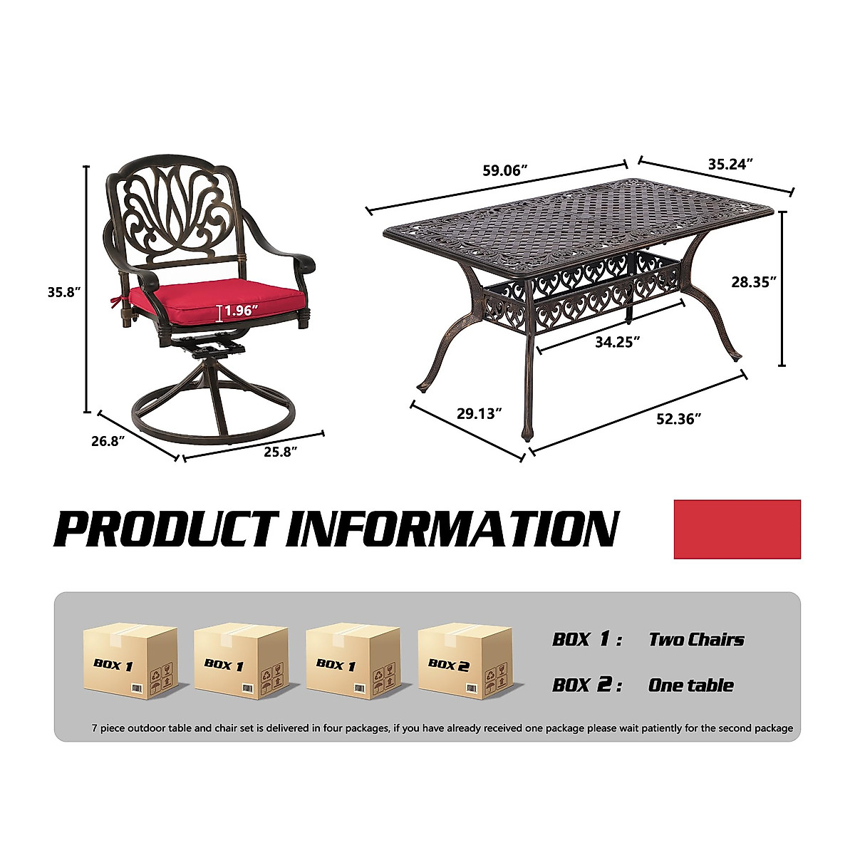 TITIMO Cast Aluminum 7-Piece Patio Dining Set with Cast-Top Table and Flower Swivel Rockers Chairs with Cushions, Outdoor Furniture Set for Backyard Porch Pool (Red)
