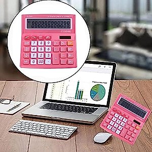Office Desk Calculator 12 Digits with Solar Power and Easy to Read HD LCD Display, Big Buttons, for Financial Affairs,Home, Office, School, Class and Business,with Battery，Pink