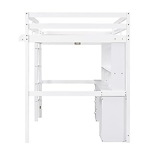 Full Loft Bed with Desk and LED Lights, Wooden Full Size Loft Bed with Storage and Charging Station, High Loft Bed Frame for Kids,Teens, Adults, No Box Spring Needed (Full, White)