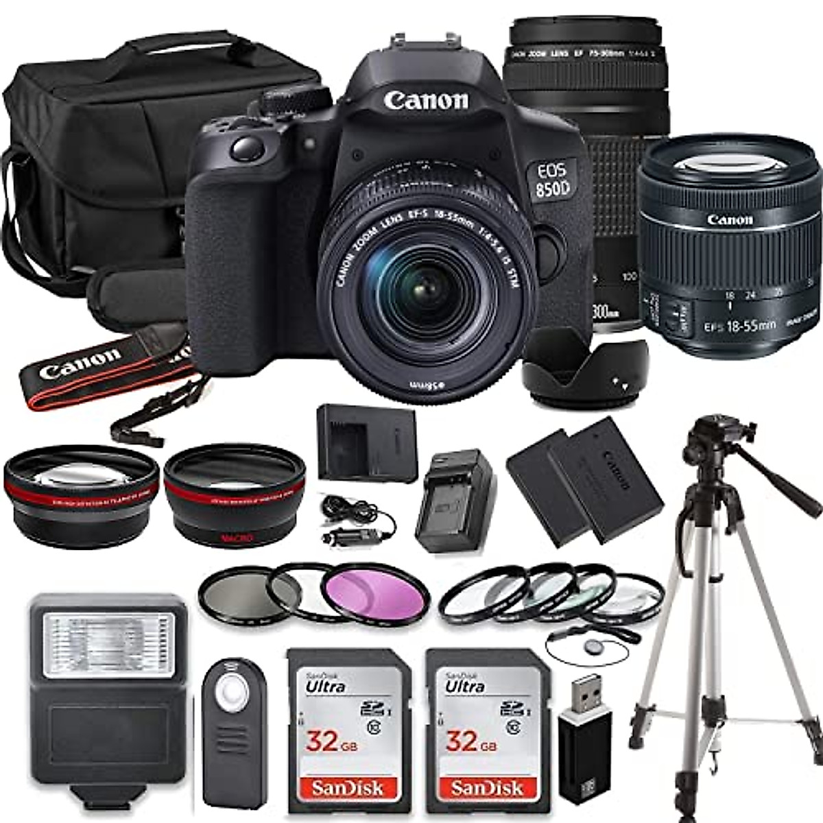 Paging Zone 850D (Rebel T8i) DSLR Camera Bundle with EF-S 18-55mm f/4-5.6 is STM Lens + EF 75-300mm f/4-5.6 III Lens + 2pc SanDisk 32GB Memory Cards + Professional Kit