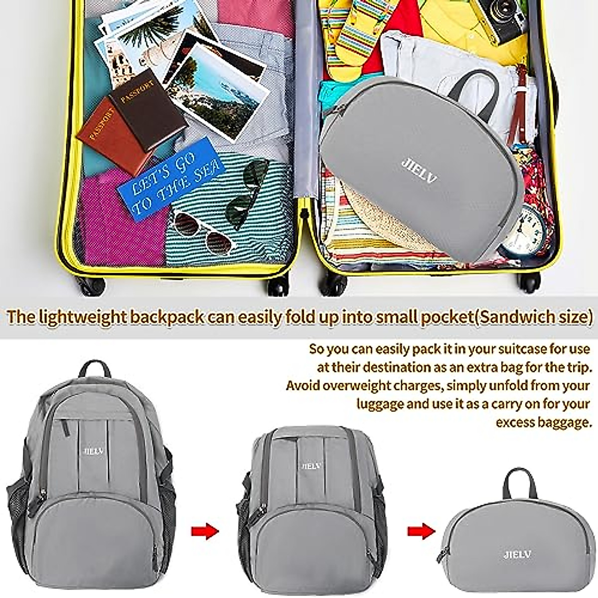 JIELV 30L Lightweight Packable Backpack Small Foldable Hiking Backpack Waterproof Daypack Travel Camping Outdoor for Women Men Valentines Day Gifts(Lgiht Grey)