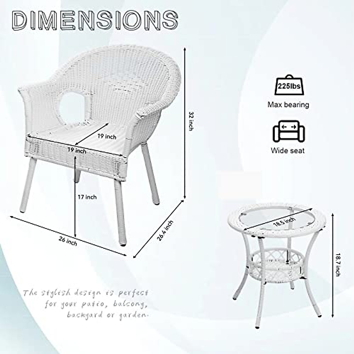 MeetLeisure Bistro Set 3 Pieces Outdoor Patio Furniture Set, Wicker Chairs Set of 2 with Outdoor Side Table, Outdoor Chairs for Patio Lawn Porch, White