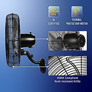 Tornado 20 Inch Pro Series High Velocity Oscillating Wall Mount Fan For Industrial, Commercial, Residential Use 3 Speed 5250 CFM UL Safety Listed