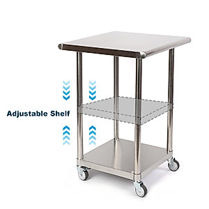 tonchean 24 × 24 × 36in Stainless Steel Workbench with Wheels, NSF Heavy Duty Commercial Workbench with Adjustable Shelves and Caster Brake Cart for Commercial Kitchen, Hotel, Laundry, Storage, Home