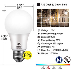 Energetic 4-Pack Dusk to Dawn LED Outdoor Light Bulb, 60 Watt Equivalent(6W), 800LM, Daylight 5000K, E26 Base, Automatic On/Off Sensor Light Bulb for Porch, Hallway, Garage, UL Listed
