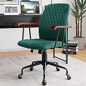Velvet Home Office Desk Chair with Wooden Armrests, Adjustable Swivel Vintage Mid-Back Leisure Chair with Padded Seat, Task Chair Upholstered Computer Chair for Work Study (Green)