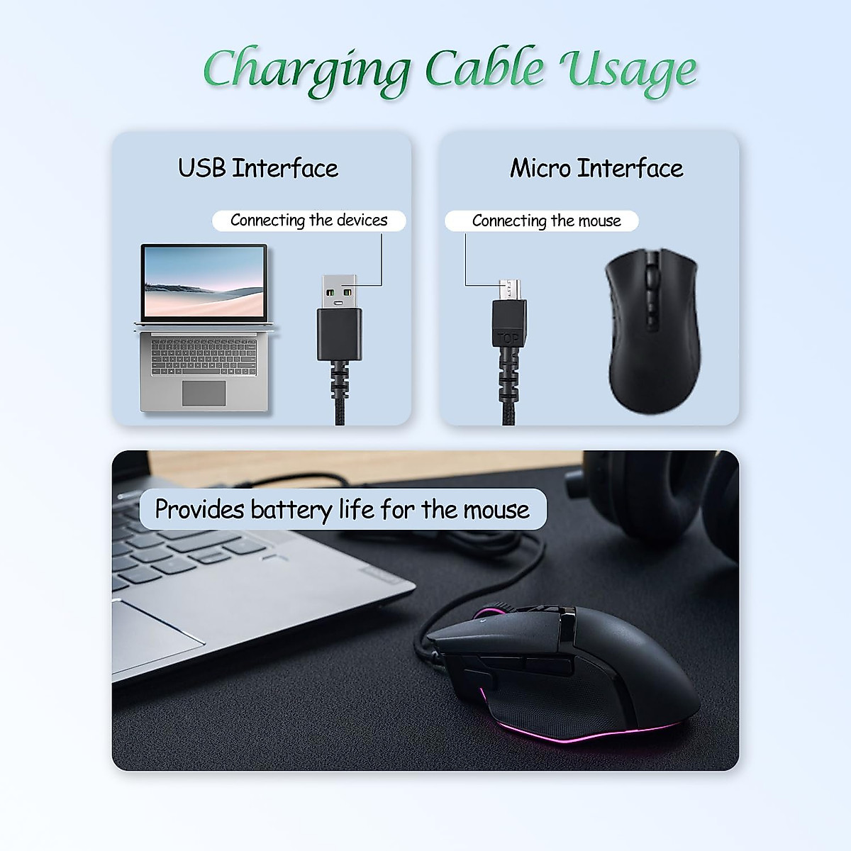 Aiivioll Wireless Mouse USB Charging Cable 1.8M for Razer Viper Ultimate,Basilisk Snake Ultimate,Viper V2 Pro,Viper Professional,with Nylon Braided Cable,Durability&Fast Charging(Black)