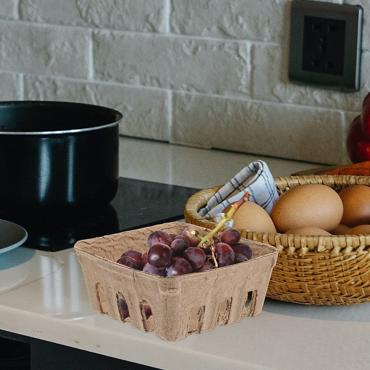 GANAZONO Bushel Basket 50pcs Square Paper Berry Basket Pulp Fiber Produce Vented Container Holder Box Fruit Tray for Fruit Vegetable Farmer Market Grocery Packaging Desktop Stand