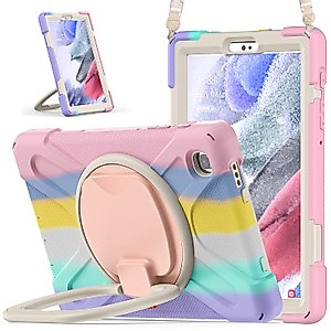 Slticase Case for Samsung Galaxy Tab A7 Lite 8.7 2021 Rainbow Pink Cute for Kids Todders Children Teen Girls Women w/Hand Grip | Protective Cover w/Pencil Holder Shoulder Strap for SM-T220/T225.