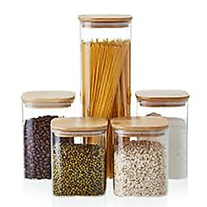 Unbreakable Overnight Oats Containers with Lids, Set of 5 Airtight Glass Jars with Bamboo Lids, Glass Food Storage Canisters for Cookie, Candy, Coffee Bean, Sugar, Spices, Dry Goods, Transparent