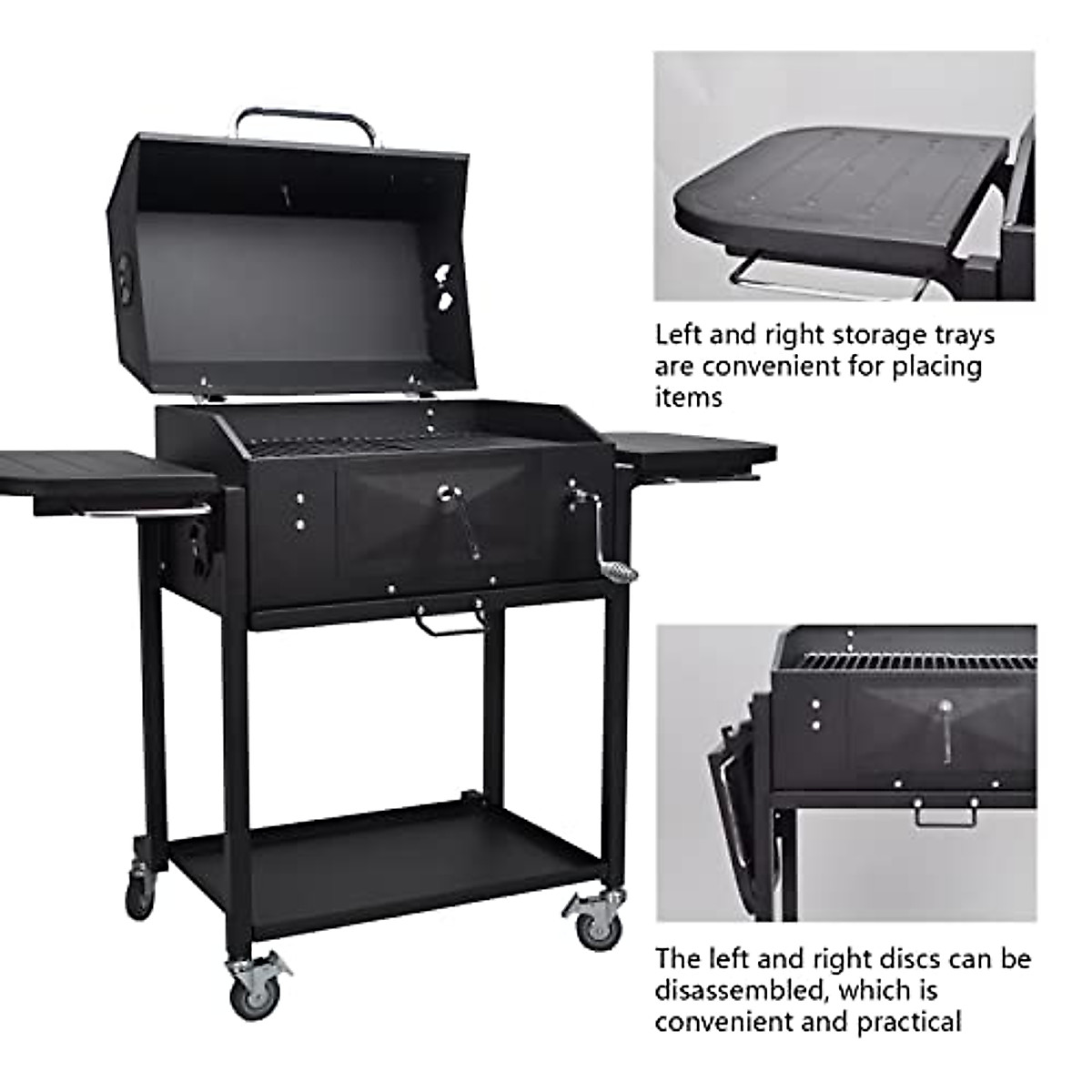CRYSTAL FIT Charcoal Grills, 24-Inch Charcoal Grill Outdoor Cooking Smoker Backyard Barbeque Griller with Side Trays, Black