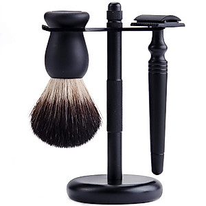 Shaving Razor Kit Double Edage Safety Razor 2 Layers Stainless Steel Shaving Mug Shaving Soap Cream Synthetic Shaving Brush Heavy Chrome Shaving Stand Black Shaving Razor Gift for Men