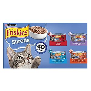 Purina Friskies Wet Cat Food Variety Pack, Shreds Beef, Turkey, Whitefish, and Chicken & Salmon - (40) 5.5 oz. Cans