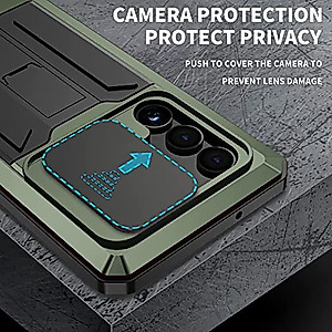 FW Samsung Galaxy S23 Ultra Metal Case with Slide Camera Cover Built in Screen Protector Full Body Hybrid S23 Ultra Case Metal Kickstand Military Heavy Duty Armor Silicone Case for Man Woman (Green)
