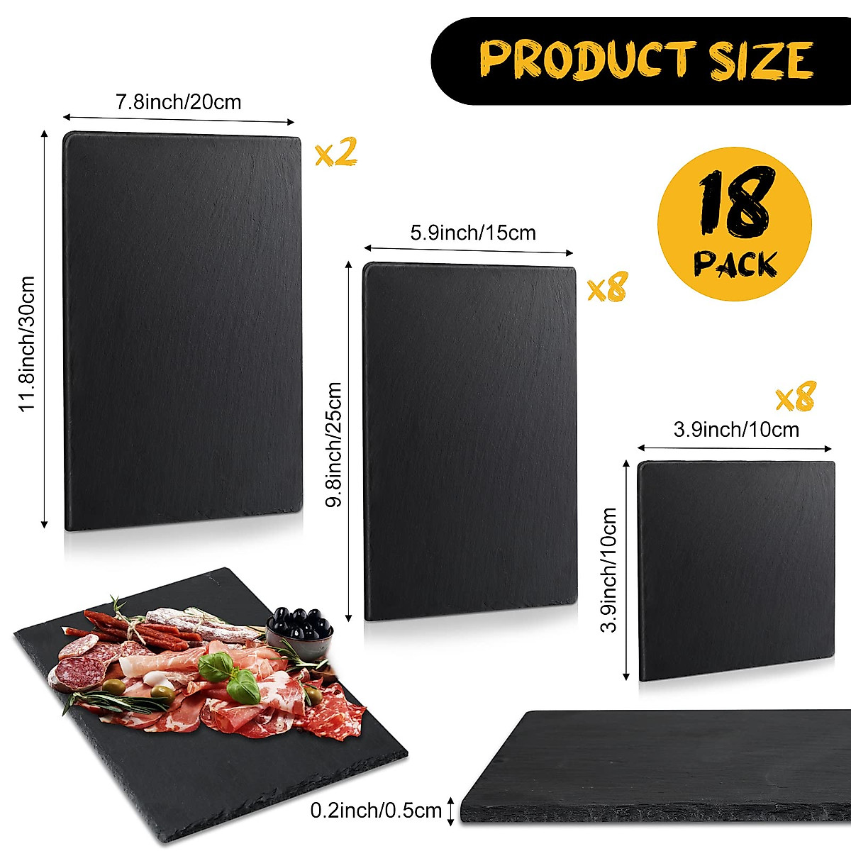 Didaey Set of 18 Slate Boards Black Slate Board Cheese Board Serving Stone Plates Sushi Slate Cheese Tray Individual Slate Platter for Christmas Chalkboard Cutting Food Cake Fruit Meat(Square)