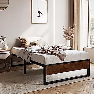 SHA CERLIN 14'' Twin Size Metal Platform Bed Frame with Rustic Wood & Reverse Holes/Ample Under-Bed Storage Space/Mattress Foundation/No Box Spring Needed/Easy Assembly/Noise Free, Metal Slats