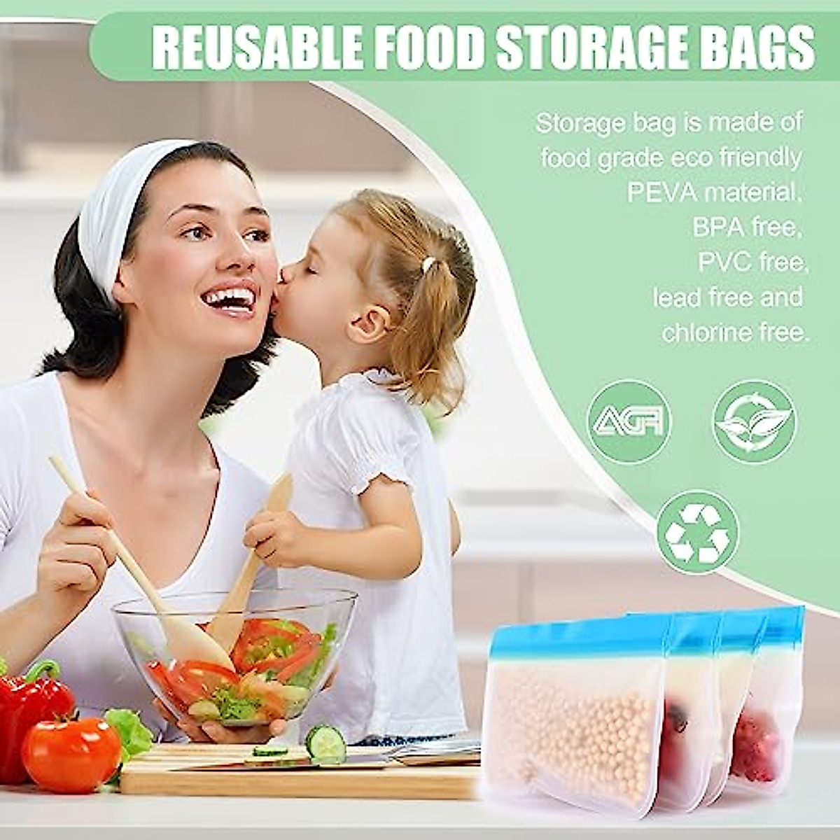Reusable Food Storage Bags - 24 Pack Reusable Freezer Bags(8 Reusable Gallon Bags + 8 Reusable Sandwich Bags + 8 Reusable Snack Bags)，Reusable Ziploc Bags for Meat Fruits and Vegetables.