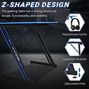47" Gaming Desk Z Shaped Gaming Table Large Home Office Desks PC Computer Desk Workstation Ergonomic Gamer Table Writing Desk with Headphone Hook for Game Player Boyfriend Gift, Blue