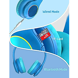 2023 Bluetcooth Kids Headphones Fit for Aged 3-21, Colorful LED Lights Comfort Wireless Headphones with Microphone 94dB Volume Limited for School/iPad/PC/TV/Cellphones, Wired & TF Card Mode, Blue