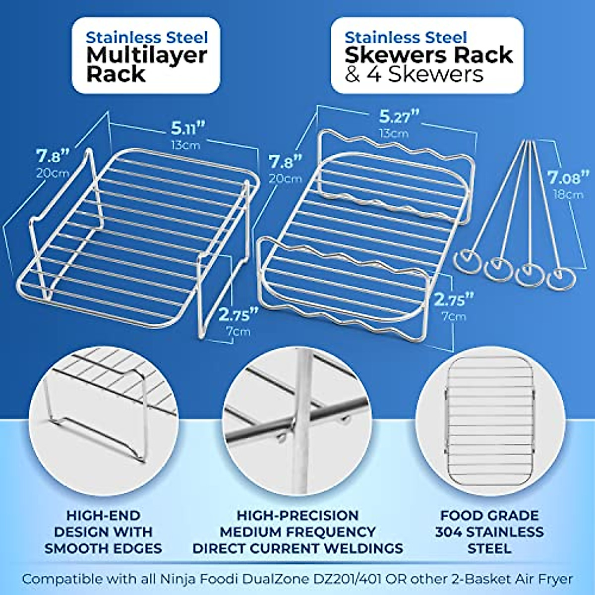 LOTTELI KITCHEN Air Fryer Rack for Double Basket Air Fryers, 304 Stainless Steel Multi-Layer Rack, Air Fryer Accessories Dehydrator Rack Compatible with Ninja Foodi DZ201/401 (6pcs Accessories)