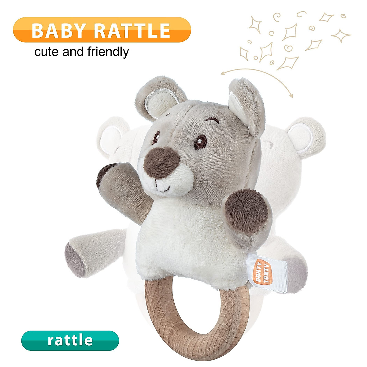 Donty-Tonty Premium Wood Baby Teether Rattle Toy Easter Gift Animals Soft Plush Shaker Toy with Natural Wooden Teething Ring Perfect Toddler, Newborn Boy, Girl Gifts for 0 3 6 9 12 Months - Grey Bear