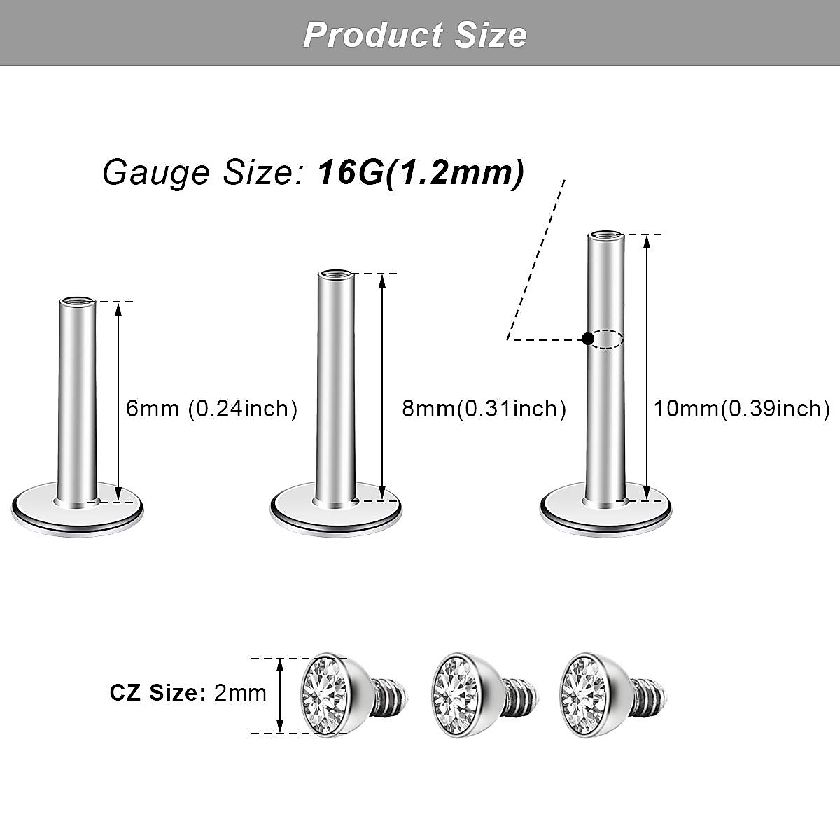 CrazyPiercing 6Pcs 16G 6-10MM Stainless Steel Lip Rings Nose Studs Piercing Internally Threaded