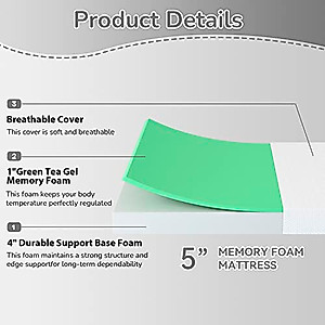 PayLessHere 5 Inch Green Tea Memory Foam Mattress Cooling Gel Infused Mattress,Medium Firm Mattresses Fiberglass Free/CertiPUR-US Certified/Bed-in-a-Box/Pressure Relieving Twin Size,White