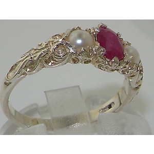 LetsBuyGold 925 Sterling Silver Real Genuine Ruby and Cultured Pearl Womens Promise Ring - Size 9