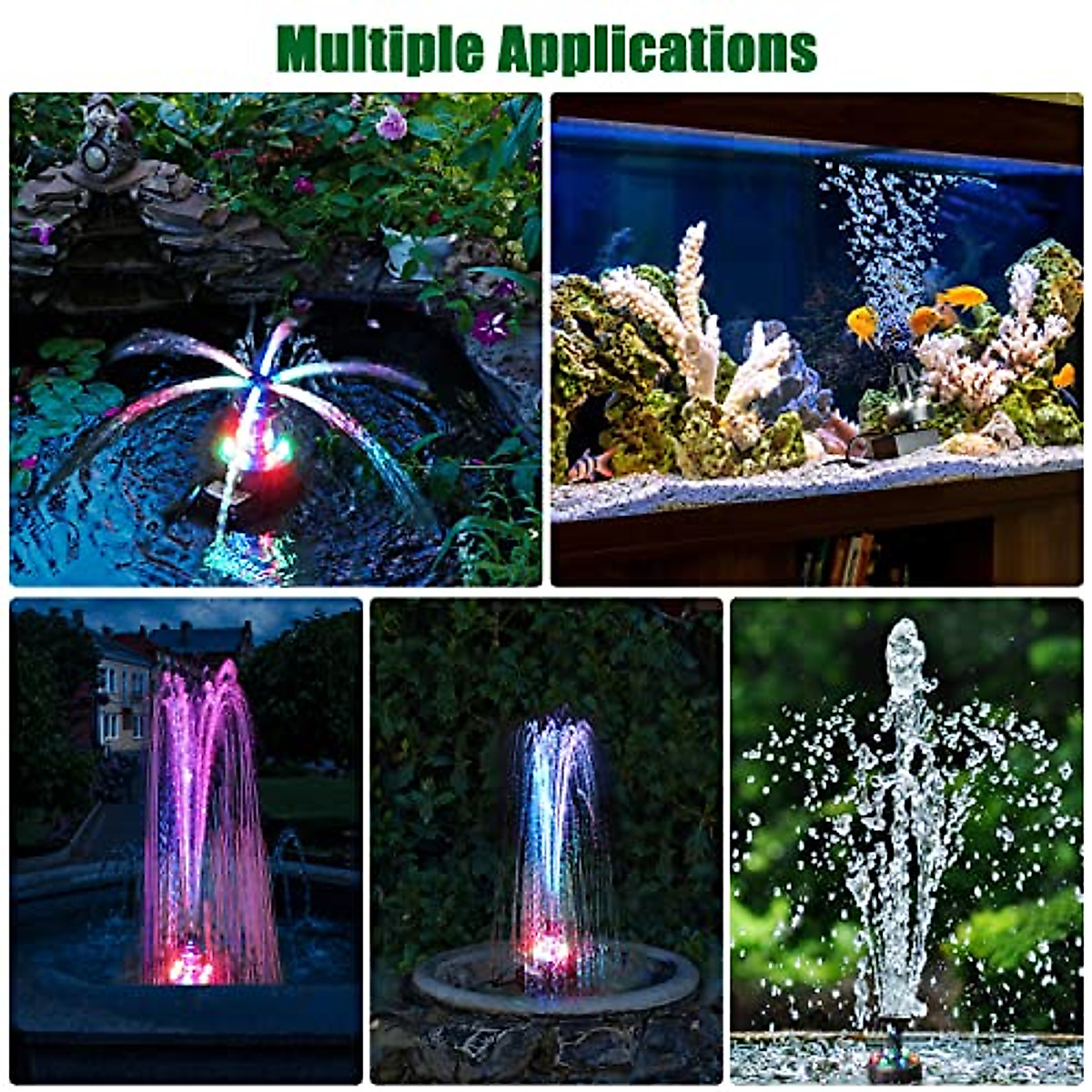 SZMP Bird Bath Fountains, Upgraded 24-Hours Working Bird Bath Fountain Pump with Lights & 7 Nozzle, 16.4Ft Power Cord & Adapter, Adjustable Water Pump for Garden, Pond, Fish Tank, Outdoor (Colorful)