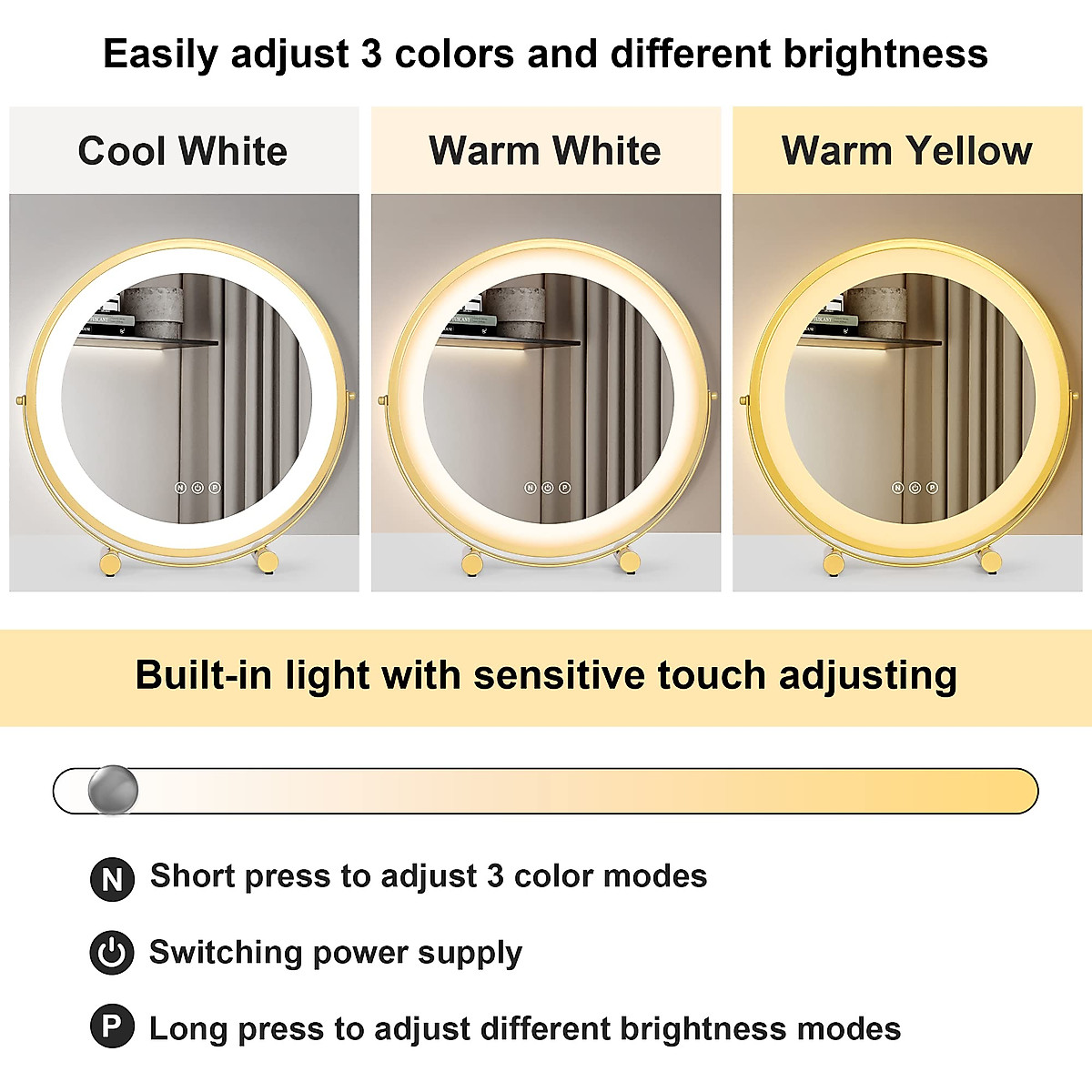 AVZEAR Vanity Mirror, Dressing Table with Lighted Mirror Makeup Dressing Table with Large Drawer and 4-Drawer Chest, 3-Color Touch Screen Dimmable Mirror with Cushioned Stool, White