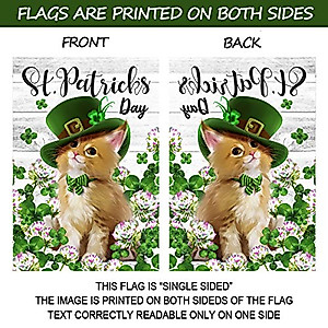 Texupday Happy St. Patrick's Day Cute Cat Kitty with Hat Clover Shamrock Floral Decoration Garden Flag Outdoor Yard Flag 12" x 18"