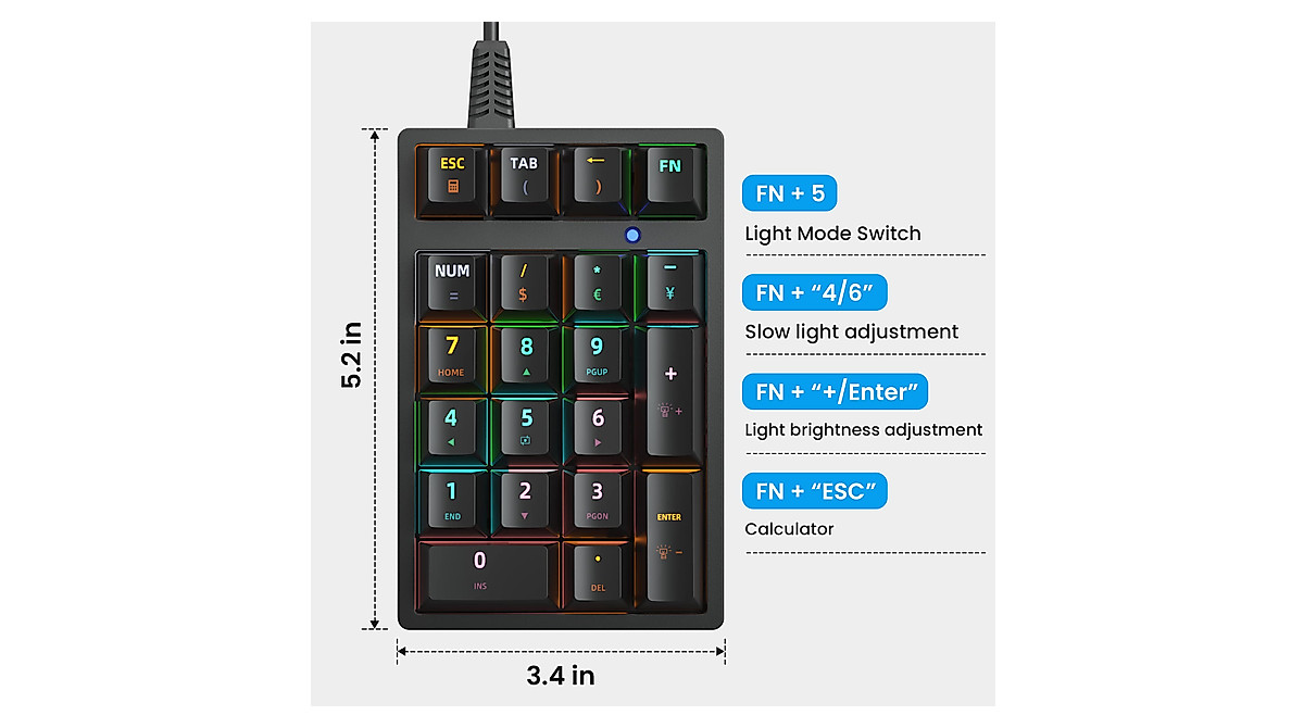 JPHTEK Number Pad, Mechanical USB Wired Numeric Keypad with RGB LED ...