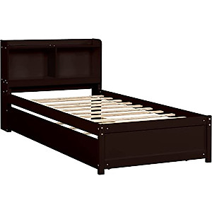 Harper & Bright Designs Twin Bed with Trundle, Twin Bed Frame with Bookcase Headboard, Wood Twin Platform Bed with Pull Out Trundle Bed for Kids Girls Boys,No Box Spring Needed,Espresso
