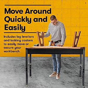 Fedmax Work Bench - 61" Rolling Portable Workbench for Garage - Metal with Acacia Hardwood Top, Adjustable Legs