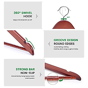 Nature Smile Wooden Suit Hangers 20 Pack Premium Solid Wood Coat Clothes Hangers with Non Slip Bar - Smooth Finish with 360° Swivel Hook and Smooth Notches for Camisole Jacket Pant Dress Cherry Color
