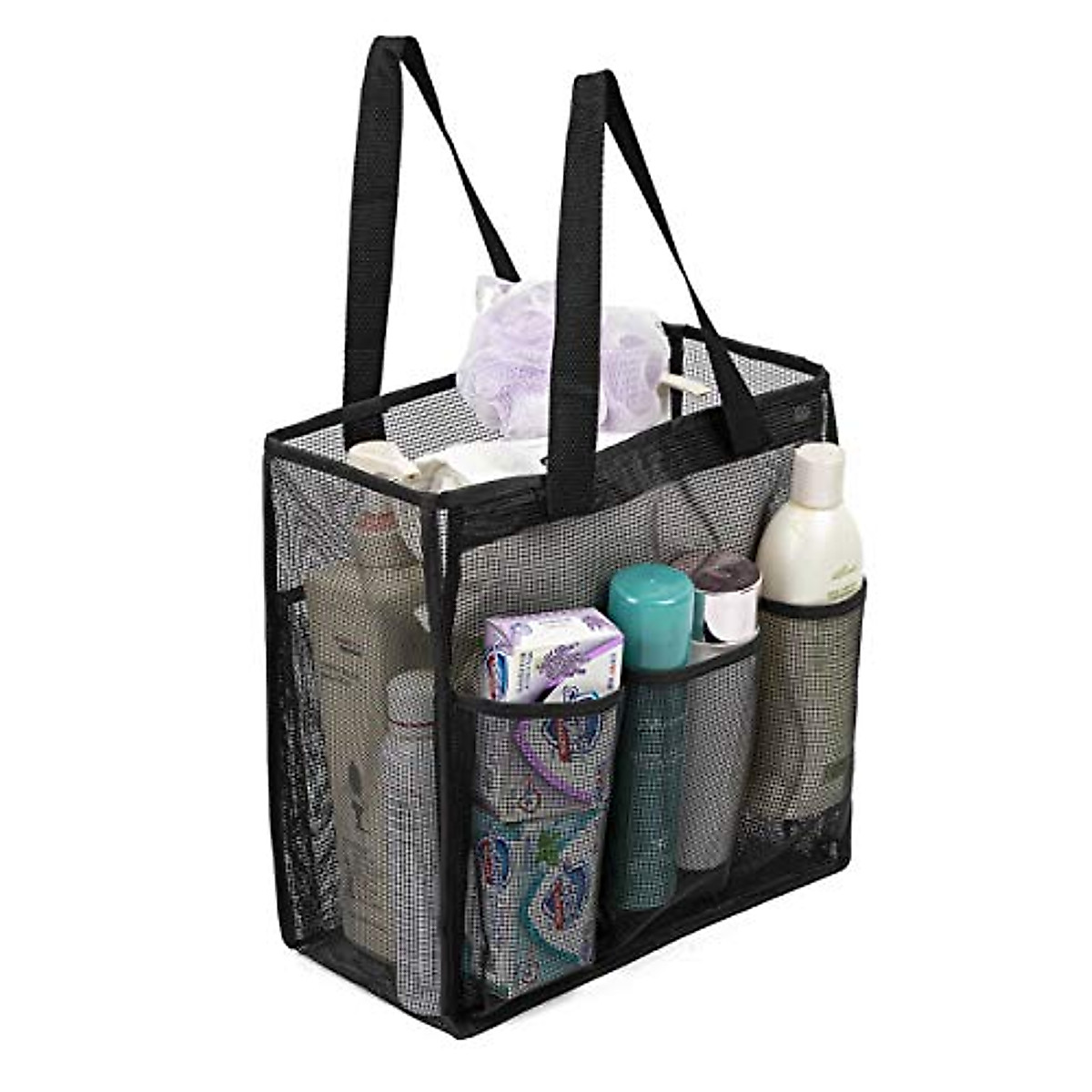 ALYER Big Mesh Shower Bag Tote,Portable Dry Wet Separation Bath Organizer with a Clear Zippered PVC Pocket (Black)