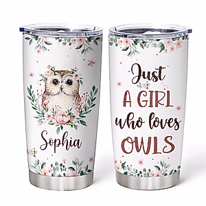 Hyturtle Personalized Owl Lovers Tumbler - Just A Girl Who Loves Owls Custom Name Stainless Steel Coffee Tumbler 20 oz With Lid - Idea Owl Lover Gifts For Women, Mom, Daughter For Birthday, Christmas