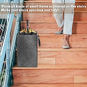 SMFANLIN 2Pcs Foldable L-Shape Stair Basket Organizer, Folding Fabric Staircase Storage Organizer with Faux Leather Handles, Large Stair Tidy Basket Bin for Laundry, Toys, Household Items