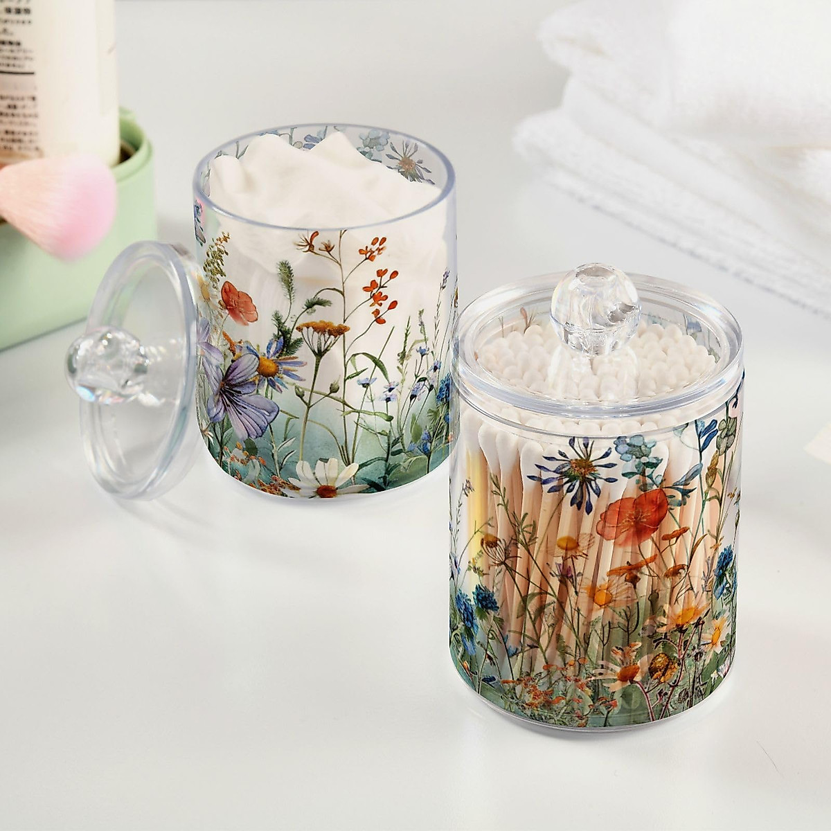senya Clear Plastic Jars Cotton Swabs Cans, Wildflowers Butterflies Botanical Bathroom Canisters Storage Organizer with Lids 2PCs Set for Cotton Ball, Cotton Swab, flossers, Hair Bands