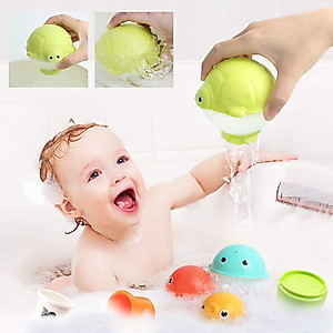 MoraBaby Baby Bath Stacking Toys with Organizer Bag, 8 Stacking Cup Toys, 4 Stack Up Squirts Animal Balls and 1 Floating Blue Octopus, Bath Time Fun Splash Toys, Gifts for Toddler 1-3 Years